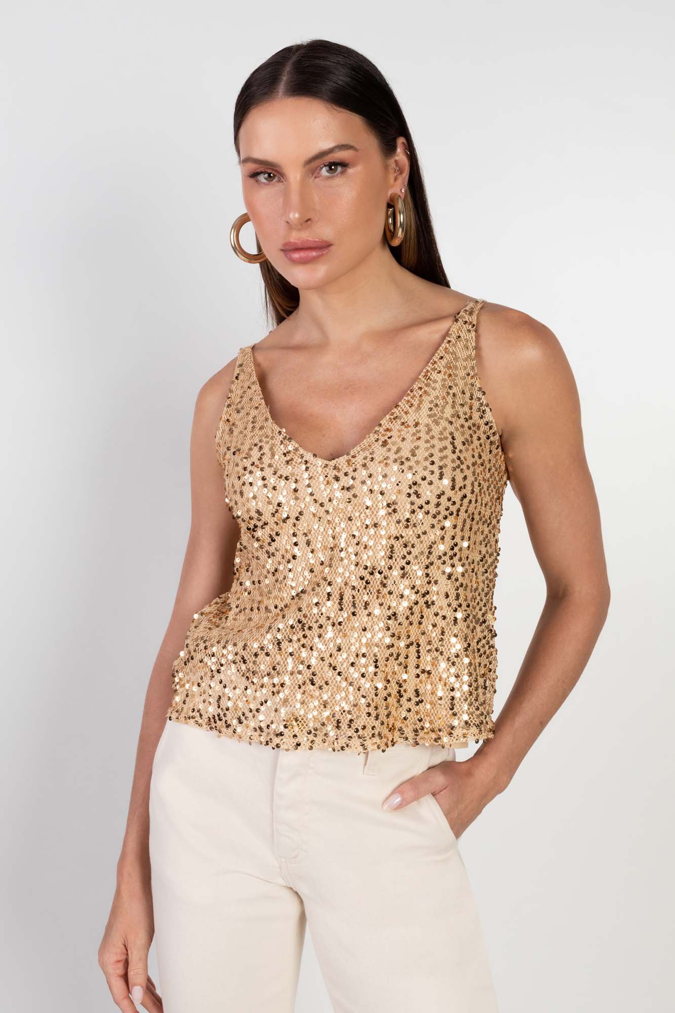 Regata Feminina Solta de Paetê Flor de Lis